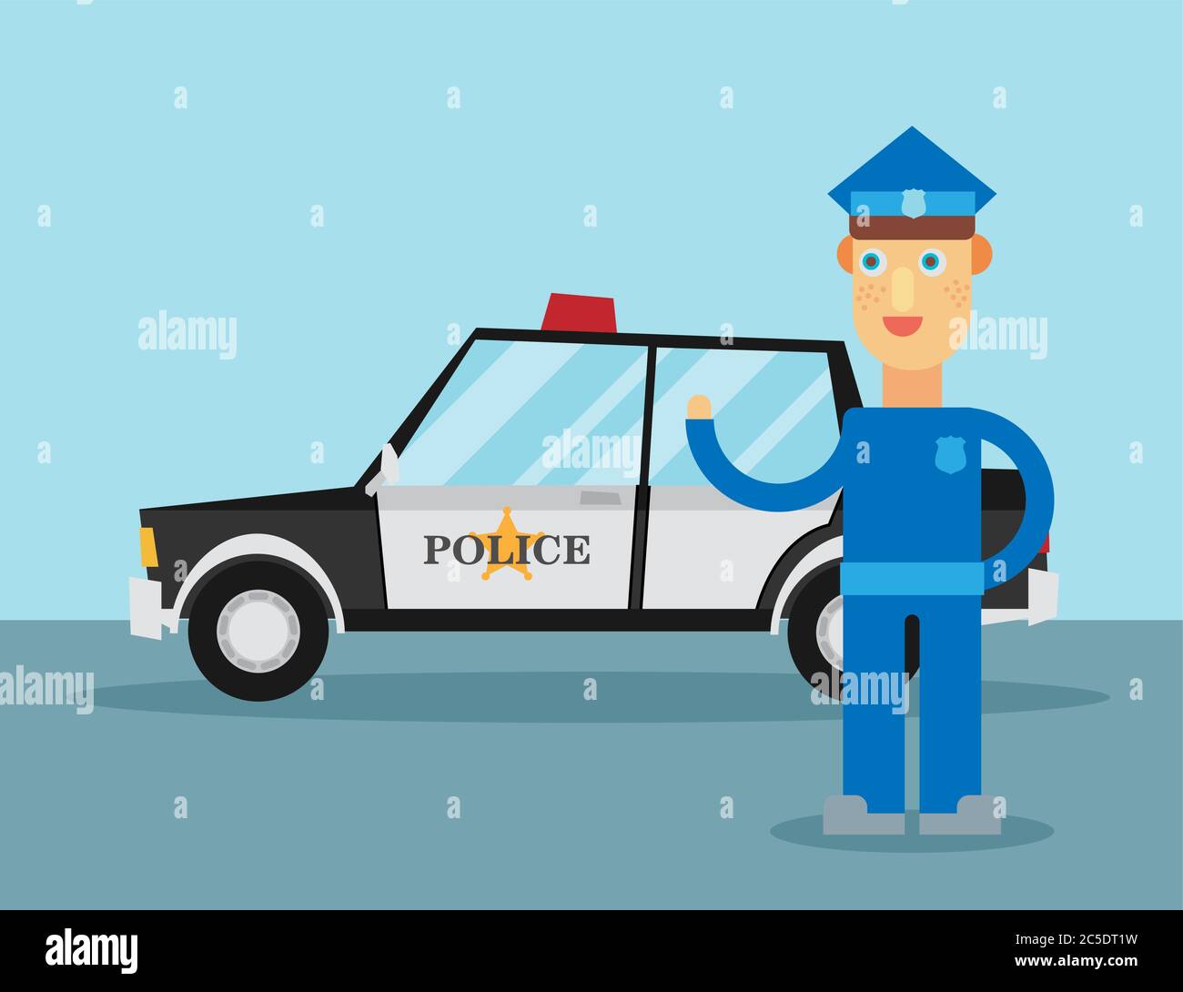 Police officer stands in front of police car. Security male, car and ...