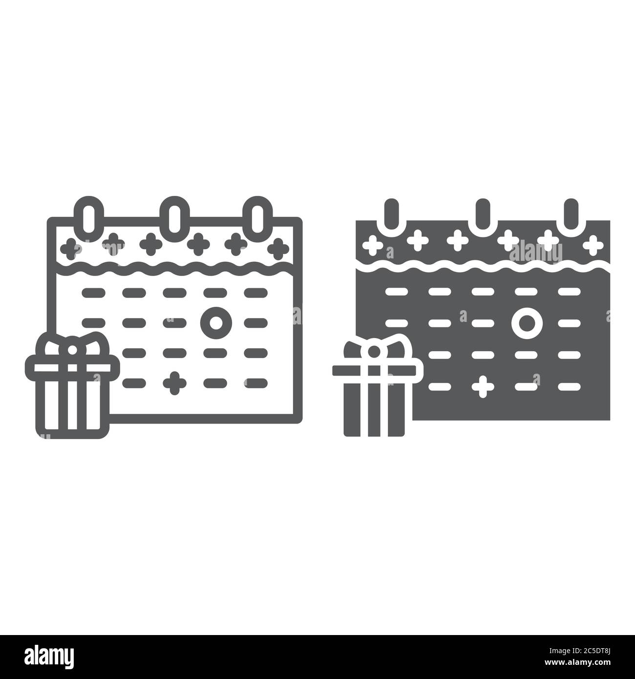 Christmas calendar line and glyph icon, date and new year, present and ...