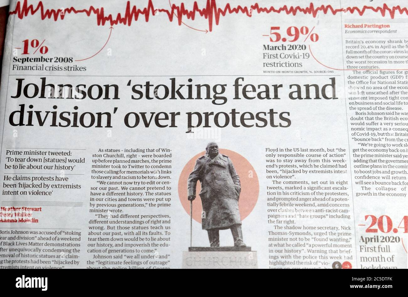 "Johnson 'stoking fear and division' over protests" newspaper headline ...