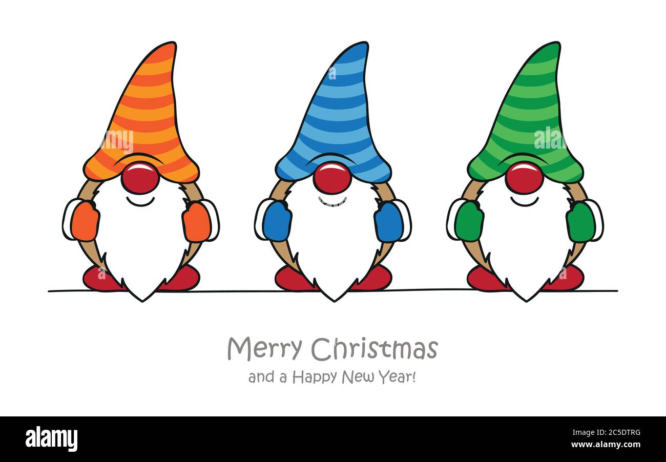 merry christmas greeting card with cute funny dwarf vector illustration ...