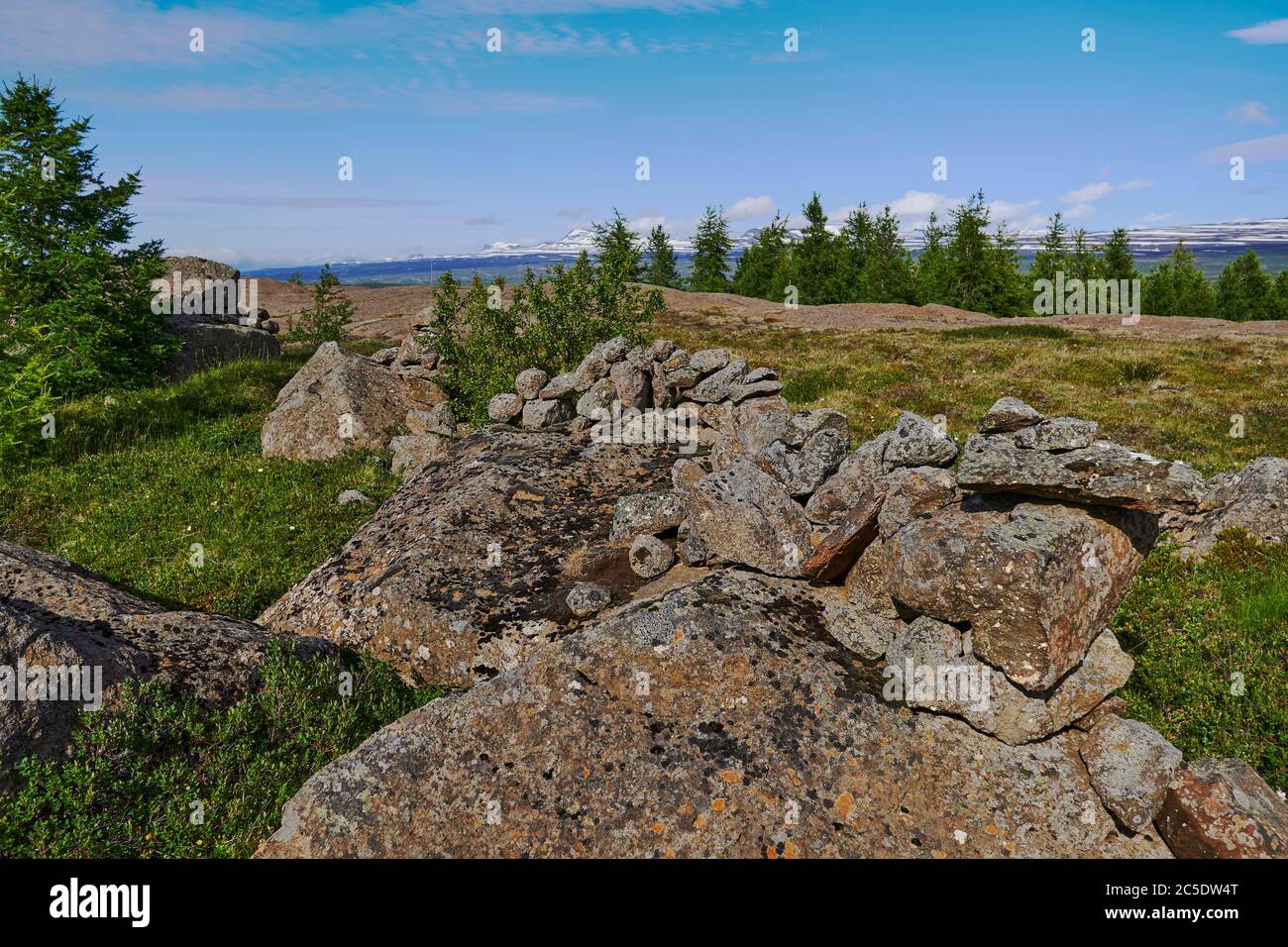 Basalt rock formations and trees by an old stone wall marking the ...