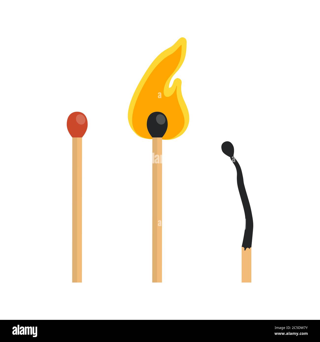 Matches, lighted match and burned match on white background. Vector ...