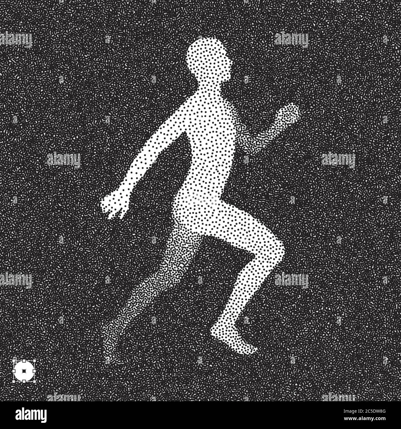Running man. 3D model of man. Black and white grainy design. Stippling ...