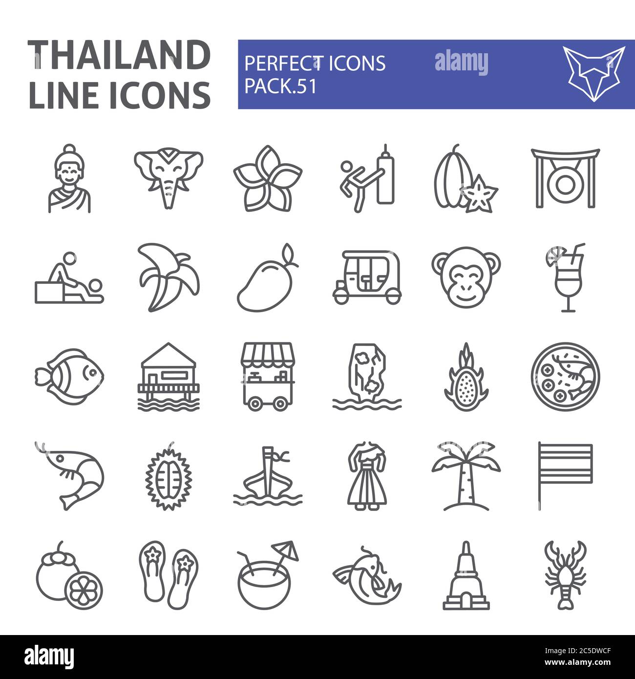 Thailand line icon set, thai symbols collection, vector sketches, logo ...