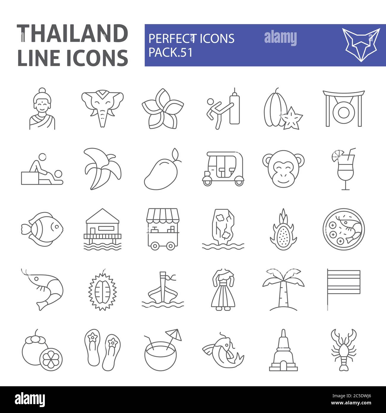 Thailand thin line icon set, thai symbols collection, vector sketches ...