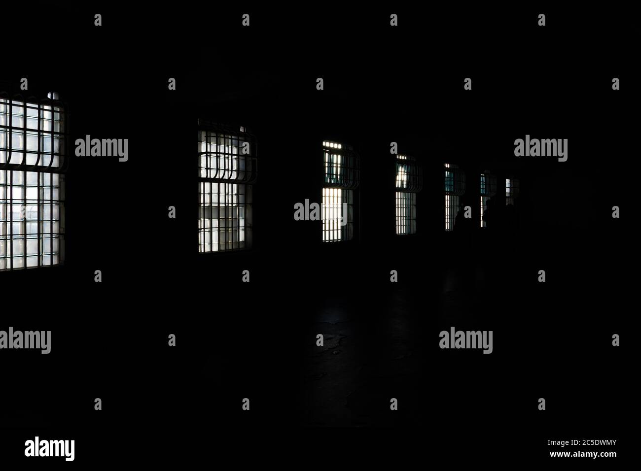 View of barred windows, Alcatraz Prison Stock Photo - Alamy
