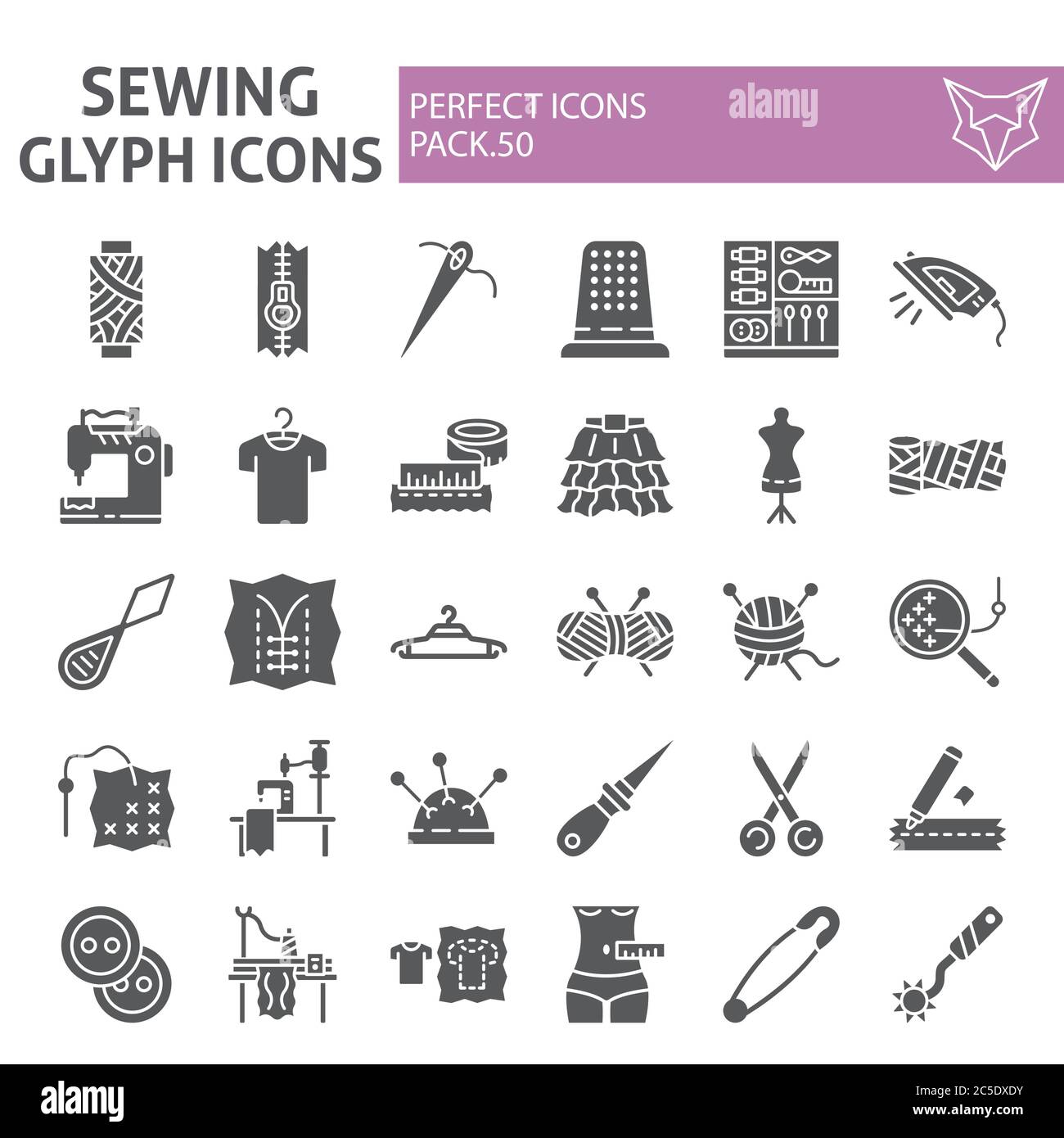 Sewing glyph icon set, tailor symbols collection, vector sketches, logo illustrations ...
