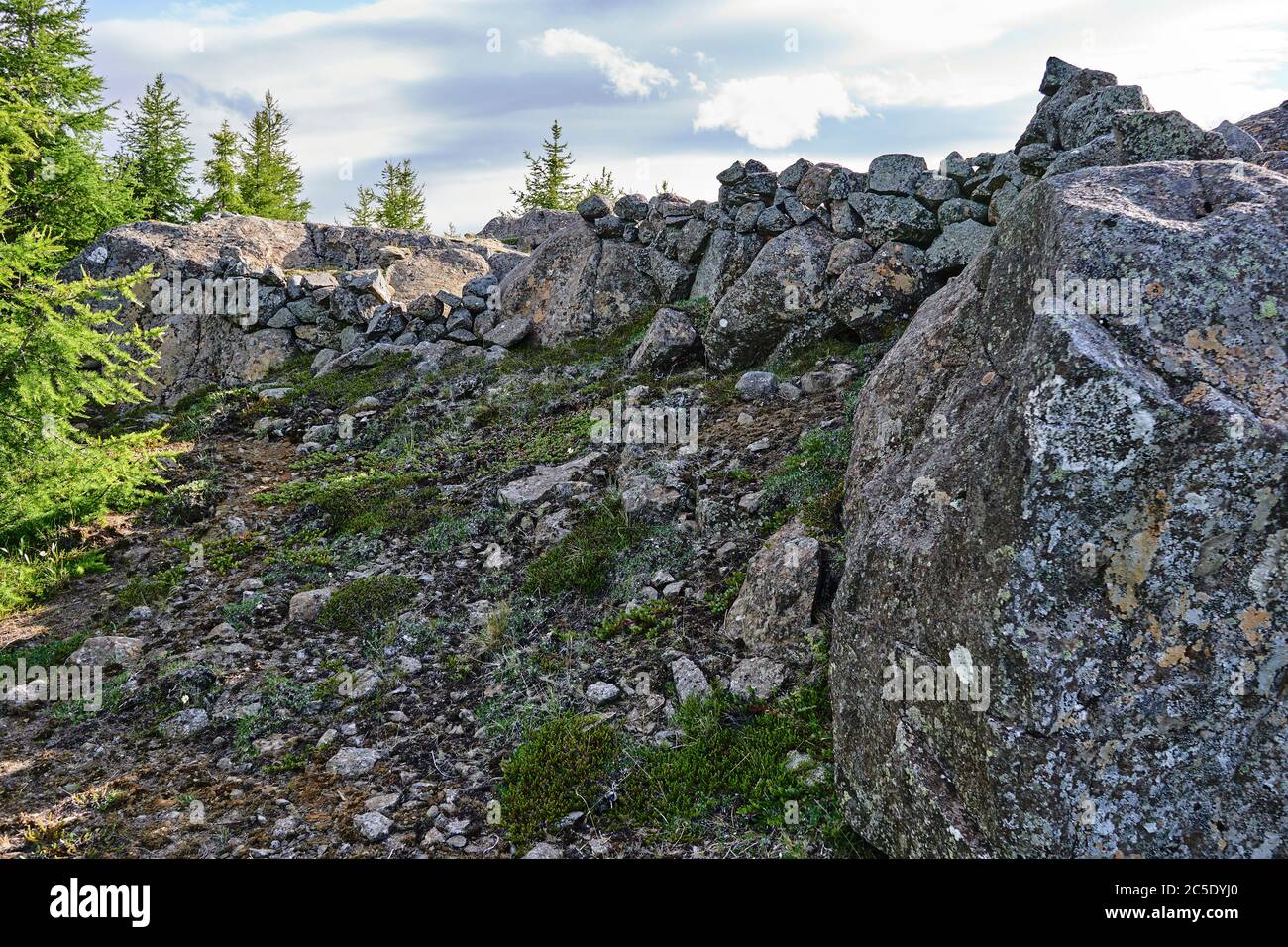Basalt rock formations and trees by an old stone wall marking the ...