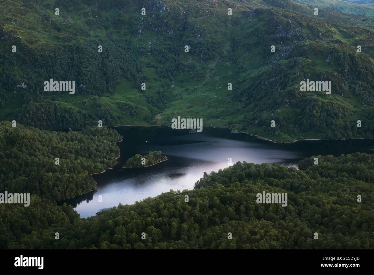 Beautiful mountain lake surrounded by forest. Small island with pine ...