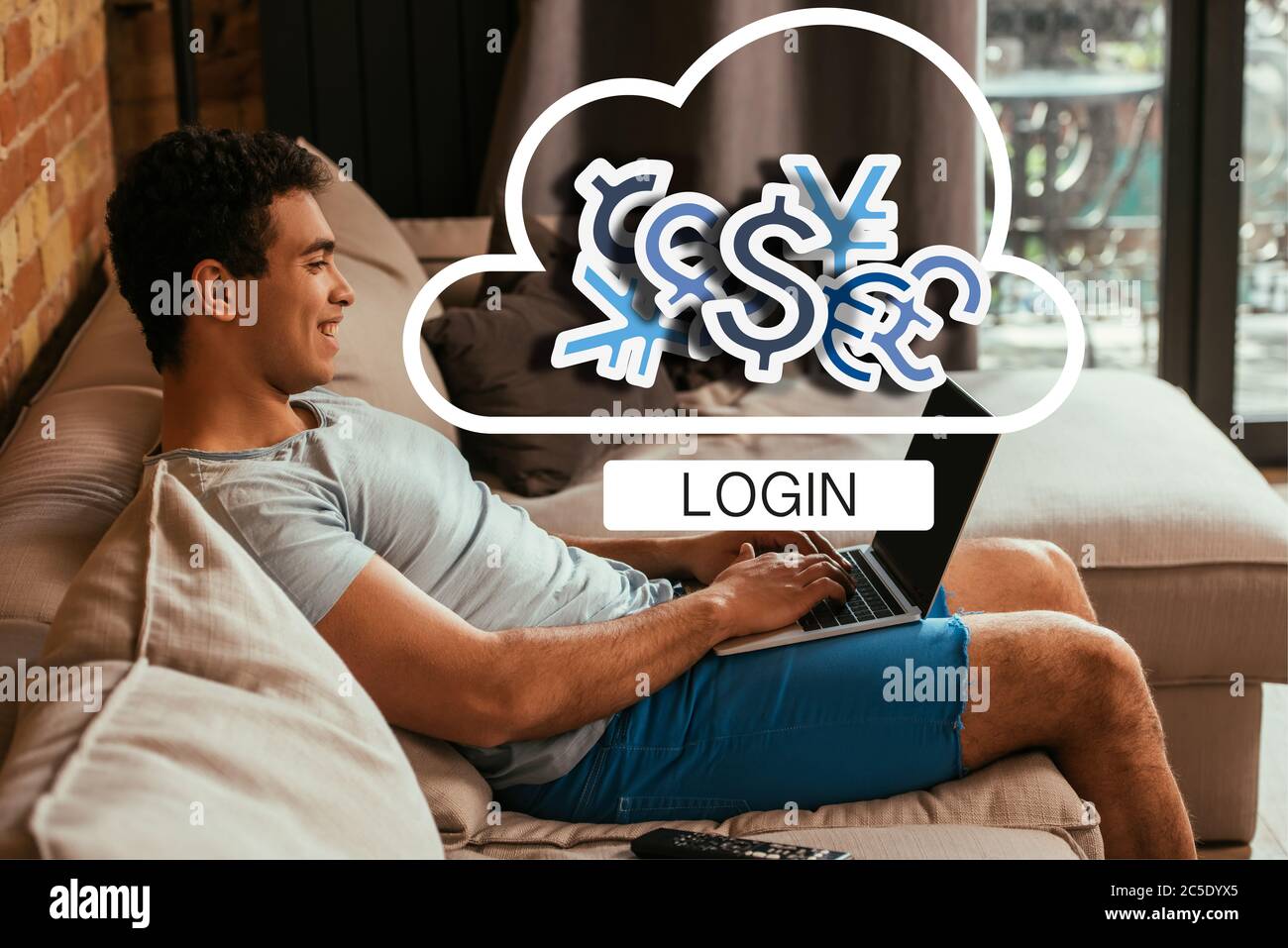 smiling mixed race man using laptop with blank screen near cloud with ...