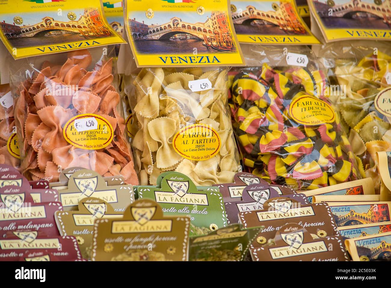 Venice, Italy - August 16, 2015. Colorful italian pasta of different ...