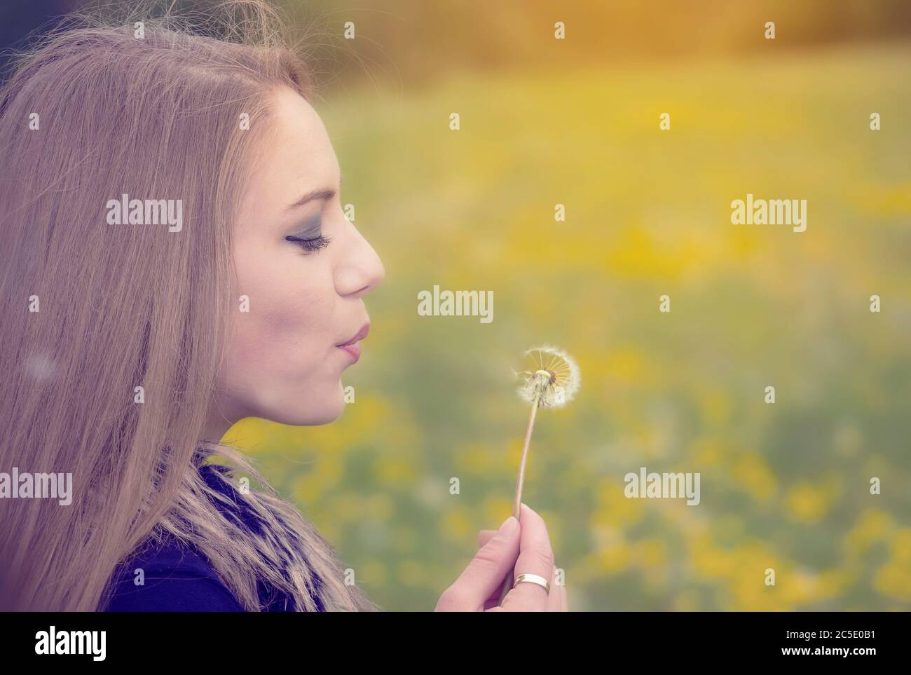 Pretty girl blowing a dandelion during spring time Stock Photo - Alamy