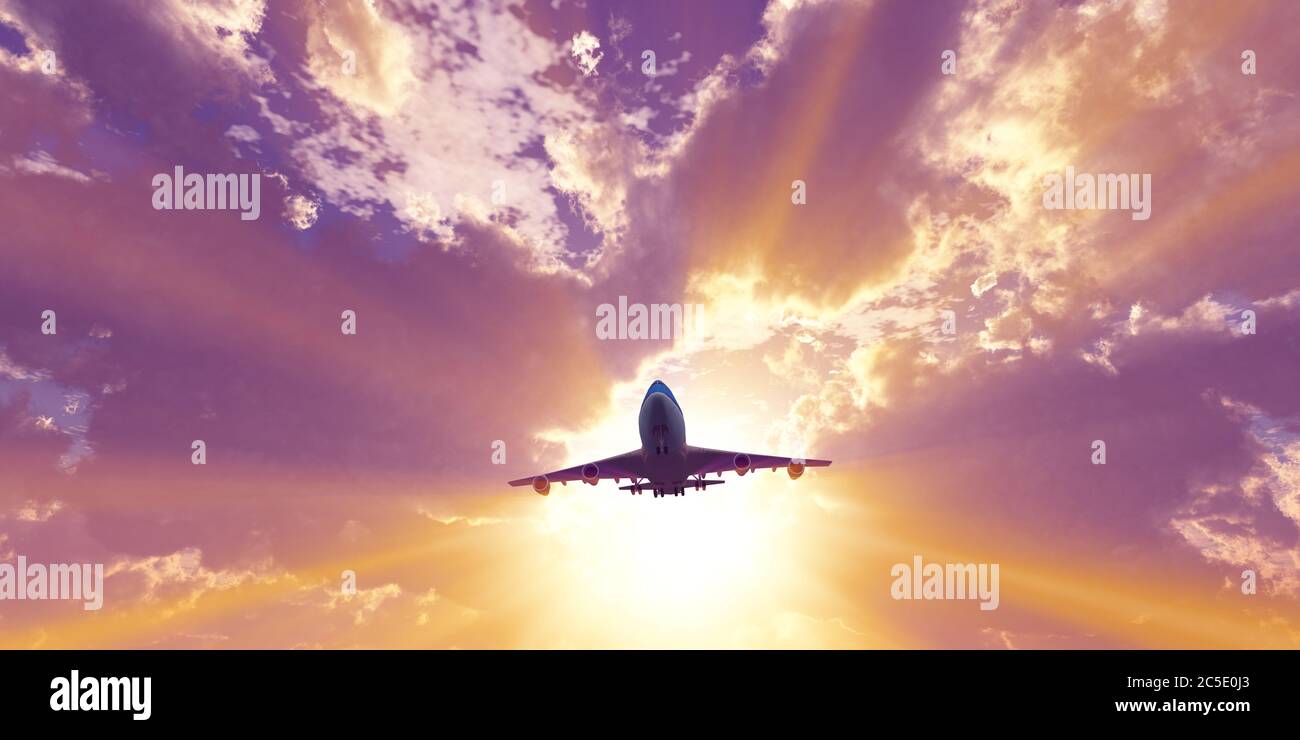 airplane fly in sunset sky, 3d rendering Stock Photo - Alamy