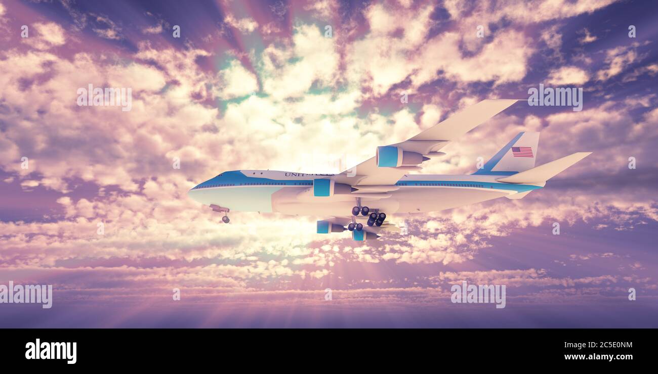 airplane fly in sunset sky, 3d rendering Stock Photo - Alamy