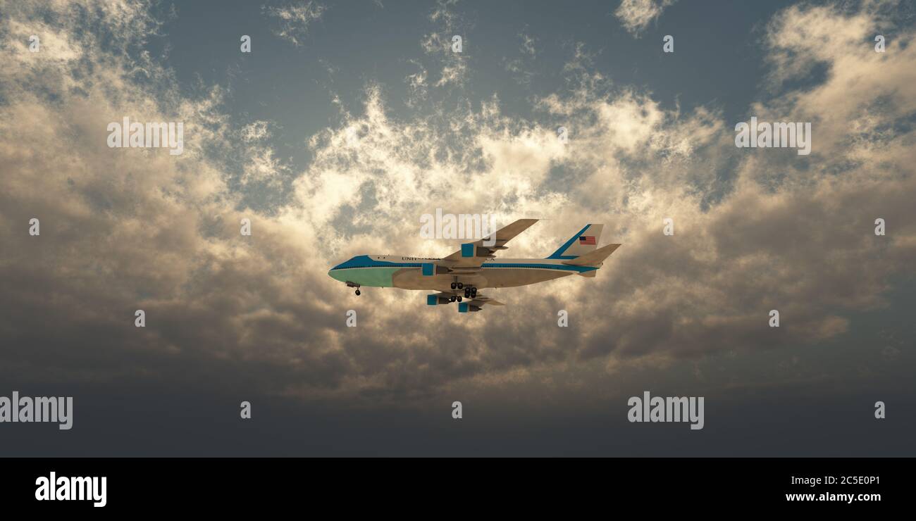 airplane fly in sunset sky, 3d rendering Stock Photo - Alamy