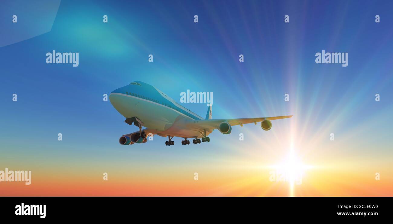 airplane fly in sunset sky, 3d rendering Stock Photo - Alamy