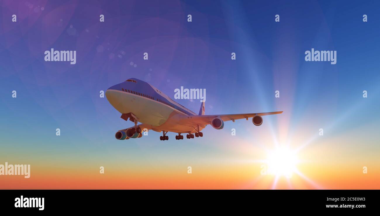airplane fly in sunset sky, 3d rendering Stock Photo - Alamy