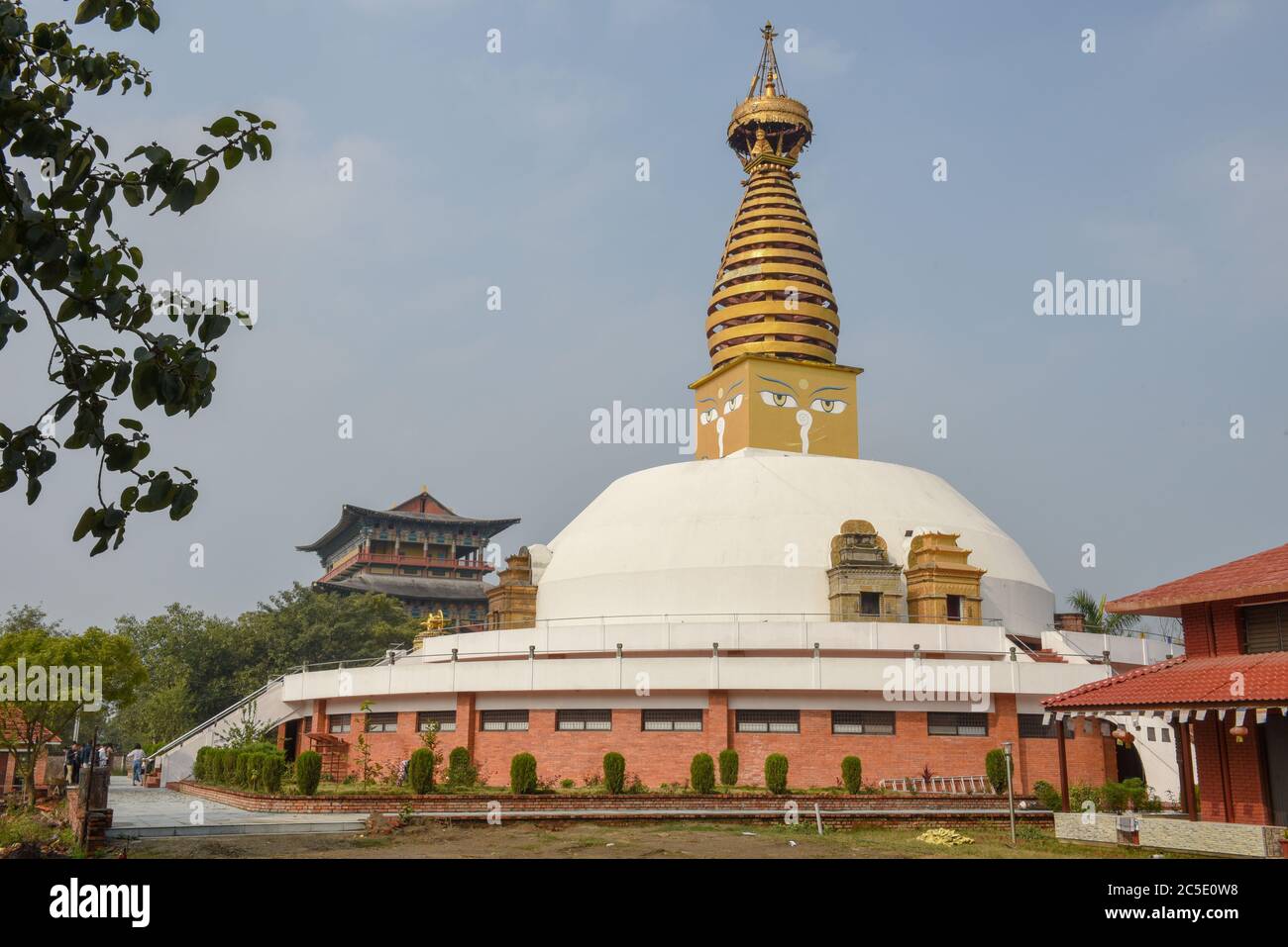 Lumbini, Nepal - 18 January 2020: Buddhist temple at the monastic zone ...