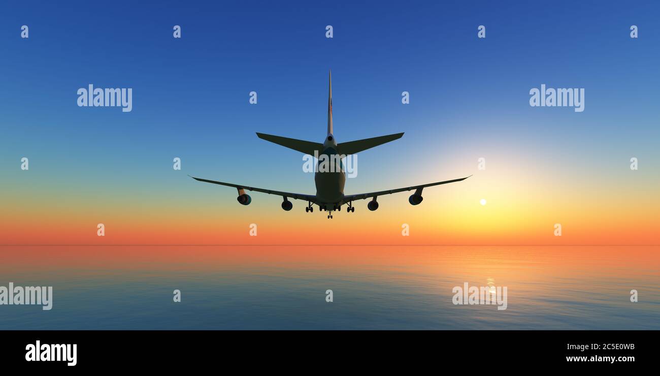 airplane fly in sunset sky, 3d rendering Stock Photo - Alamy