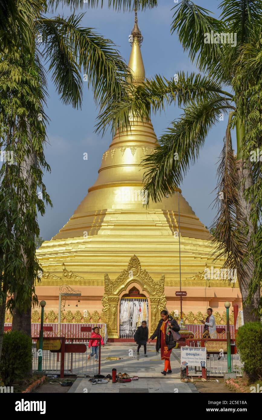 Lumbini, Nepal - 18 January 2020: Myanmar golden temple at the monastic ...