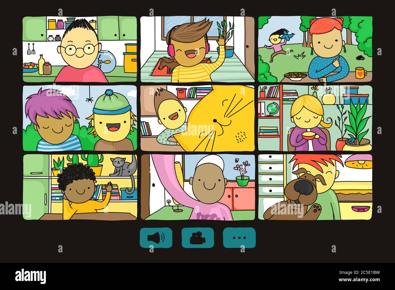 Cute cartoon of screen with online meeting of working colleagues, or ...