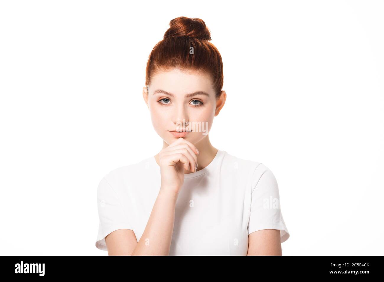 beautiful skeptical teenager with clean skin, isolated on white Stock ...