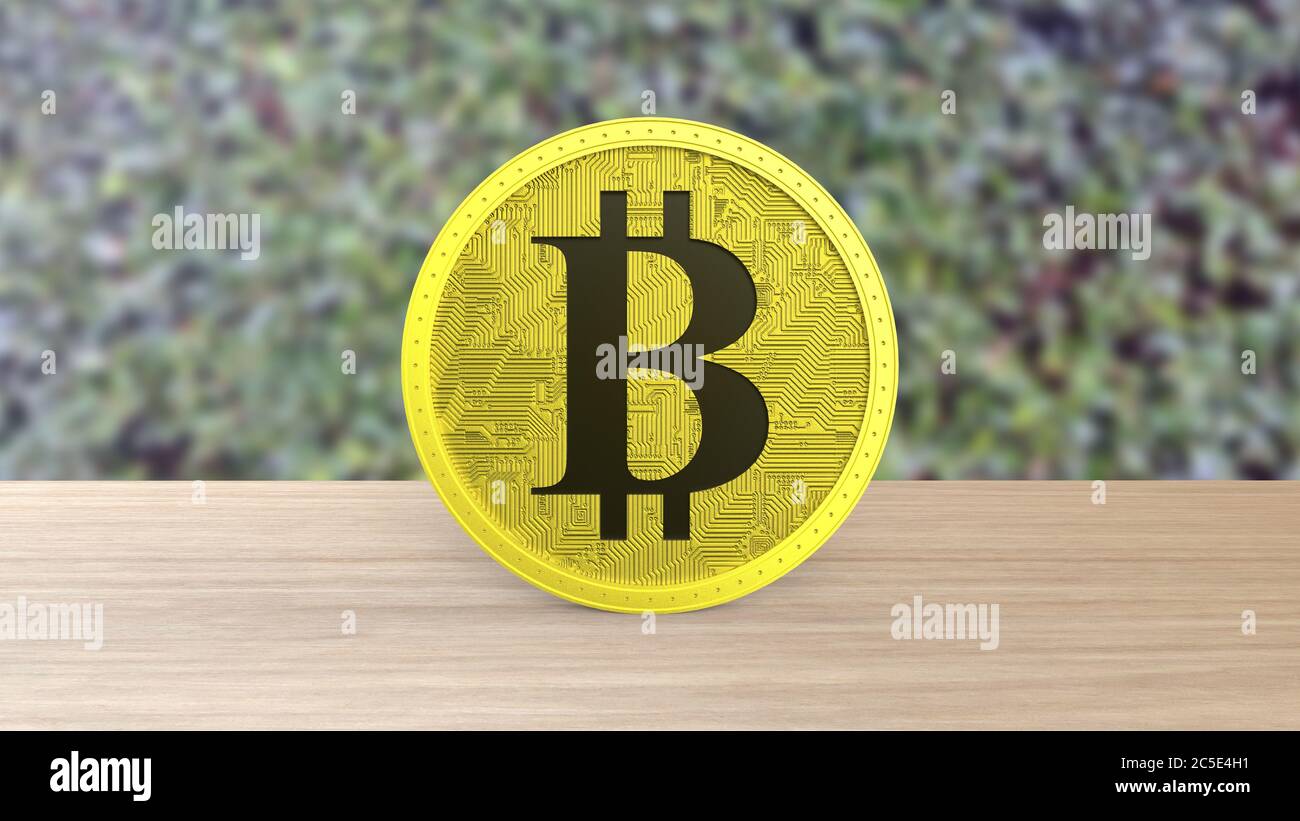 Yellow bitcoin gold coin Isolated on blur leaves background. bit-coin ...