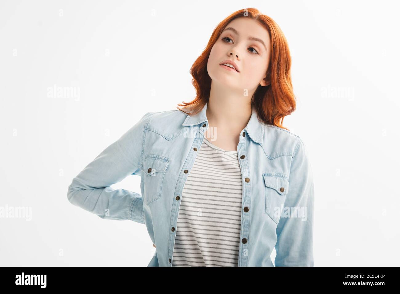 beautiful pensive teen girl in denim clothes, isolated on white Stock ...