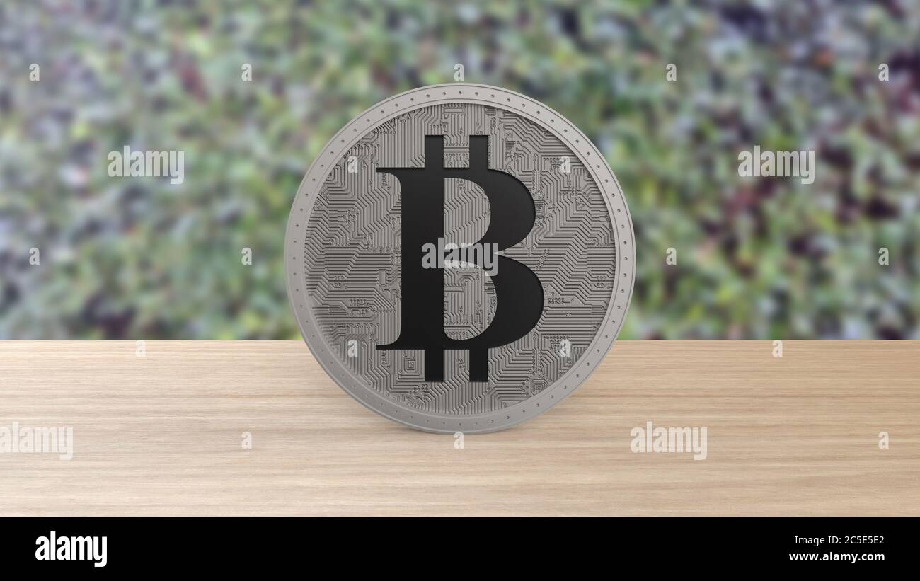 Gray bitcoin gold coin Isolated on blur leaves background. bit-coin 3d ...