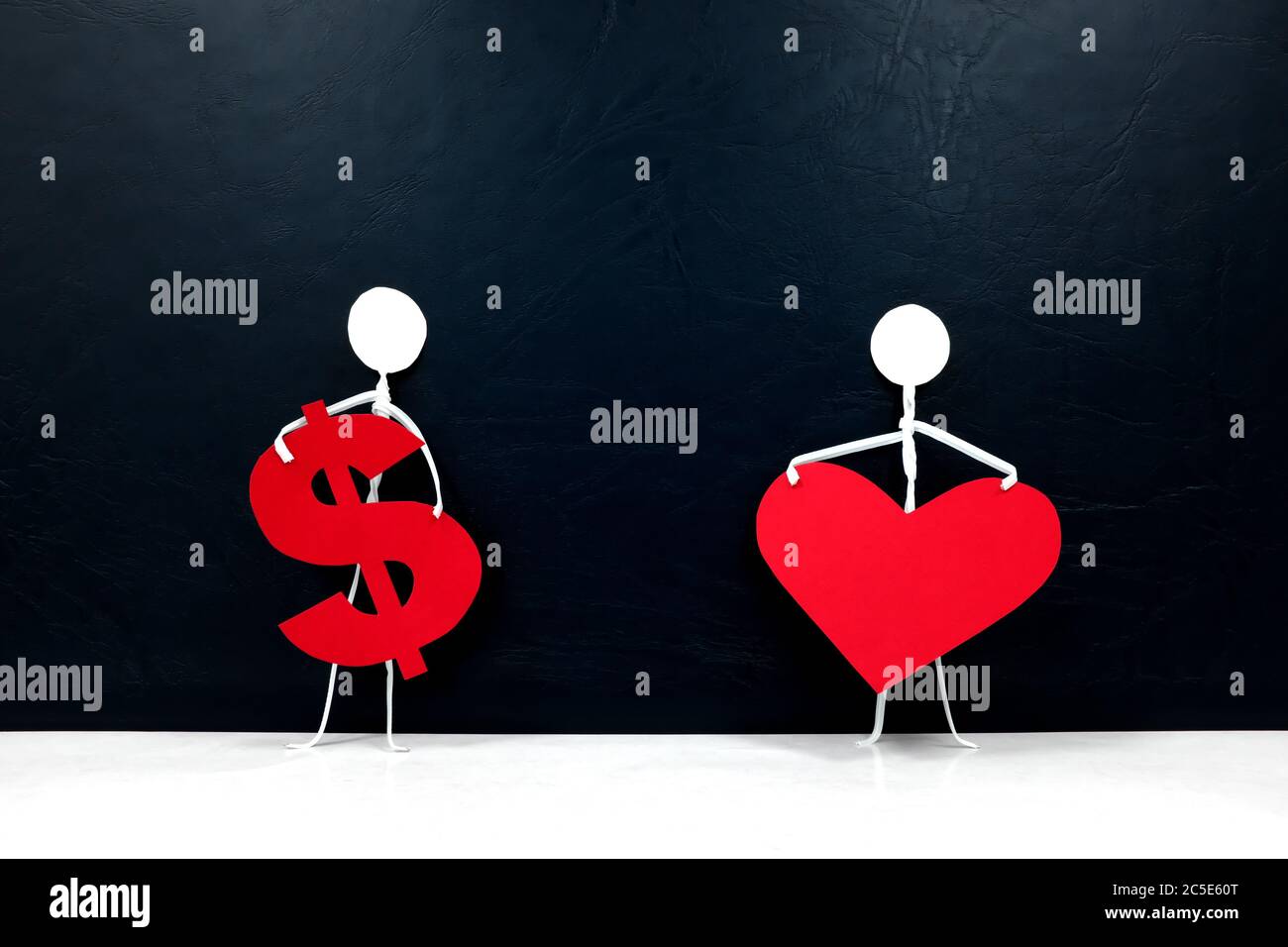 Human stick figures holding a red heart shape and a dollar sign. Money ...
