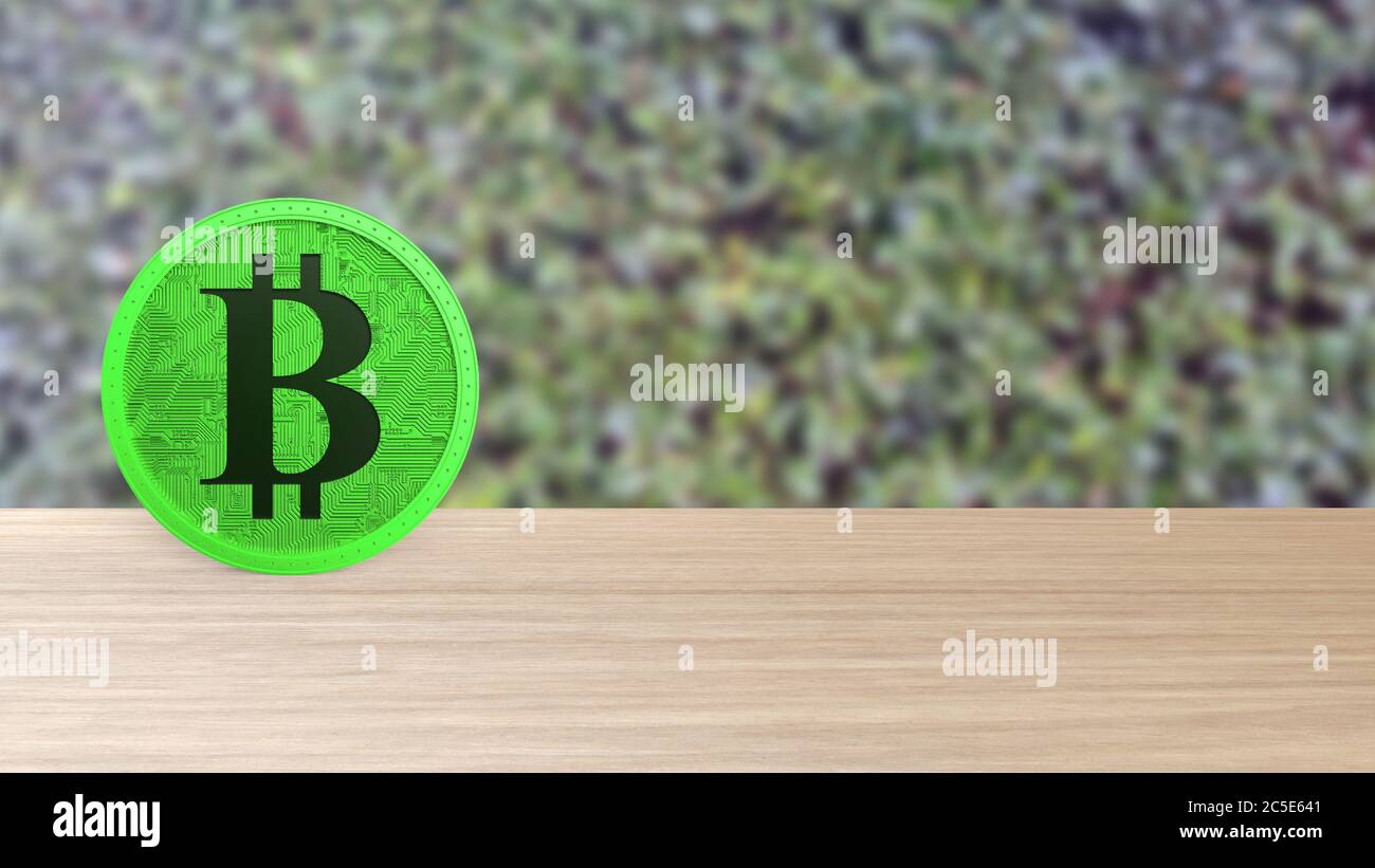 Green bitcoin gold coin Isolated on blur leaves background. bit-coin 3d ...