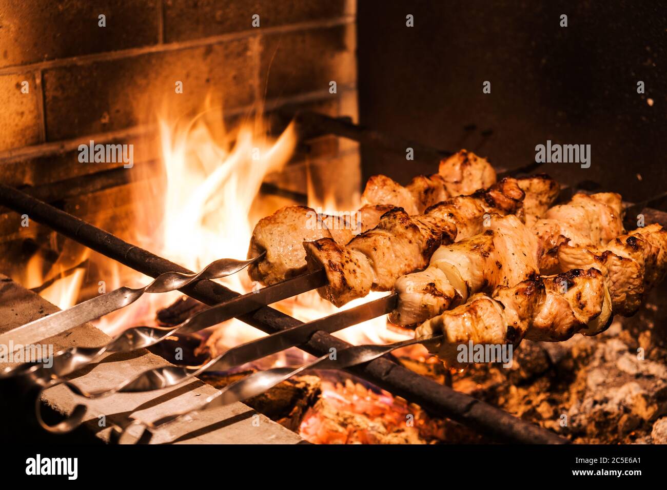 Traditional Turkey kebab on the grill with skewers in the turkish ...