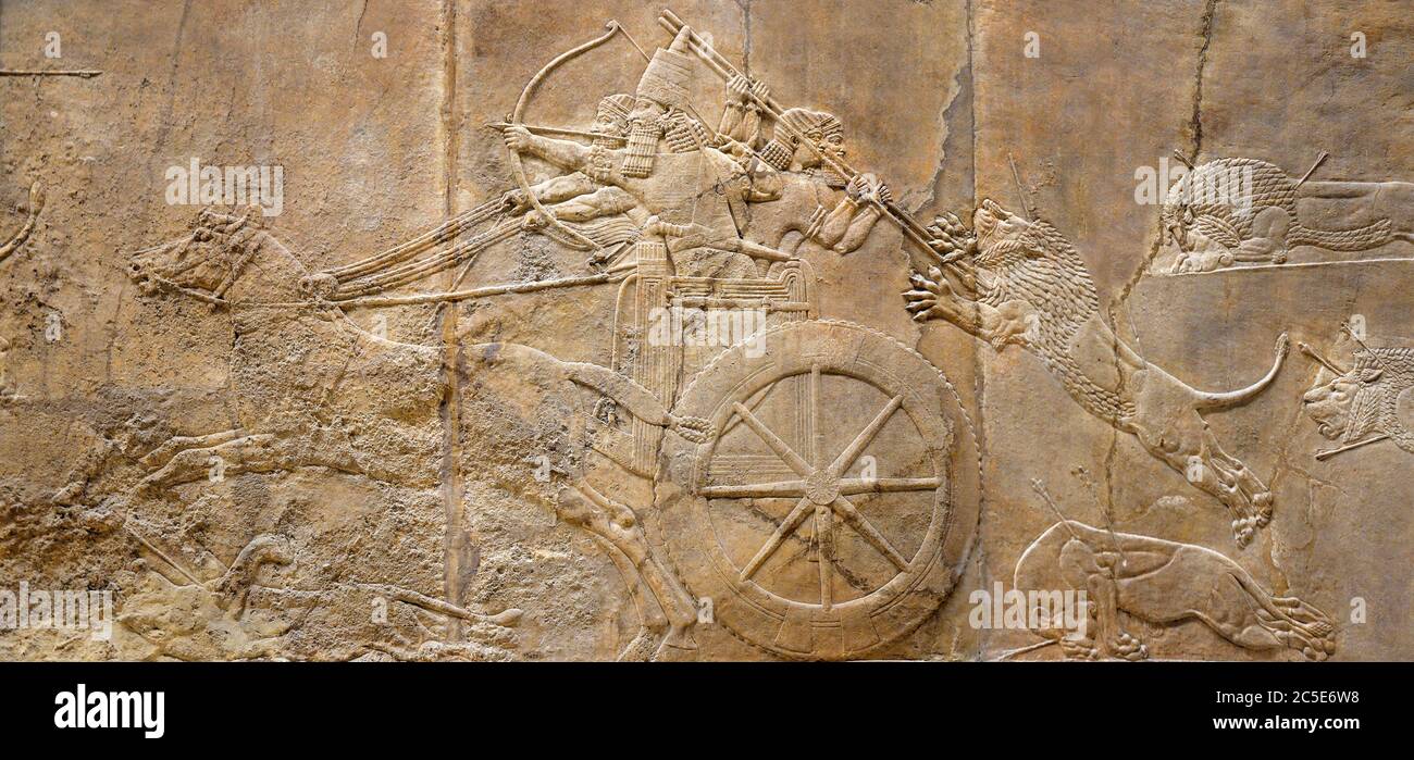 Assyrian wall relief of the royal lion hunt. Ancient carving panoramic ...