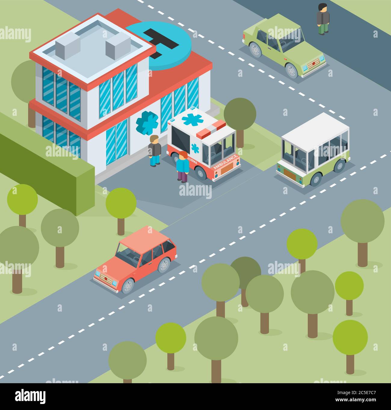 Isometric hospital and ambulance building with parking and 3d cars ...