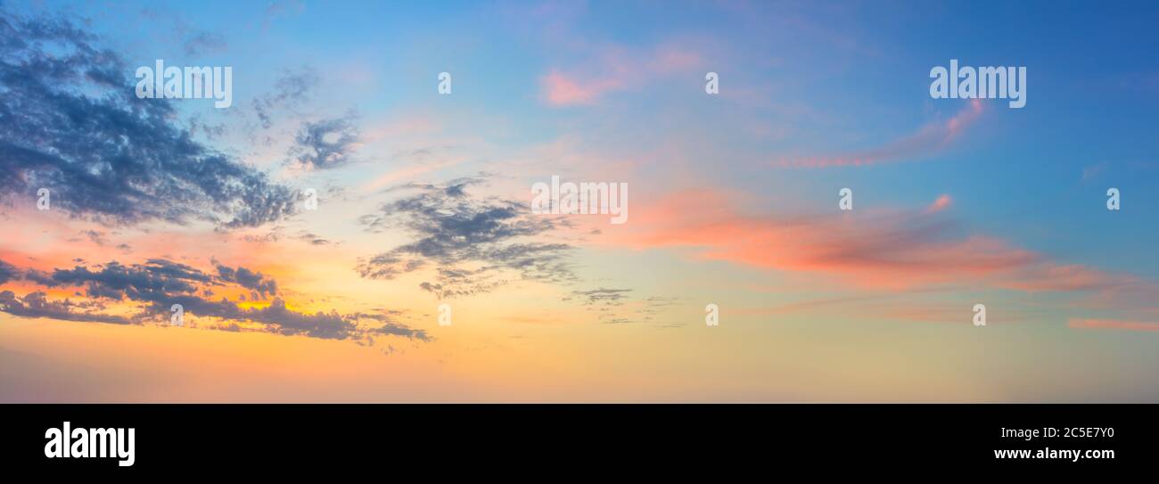 Huge Panoramic Sunrise Sundown Sunset Sky with colorful clouds, long ...