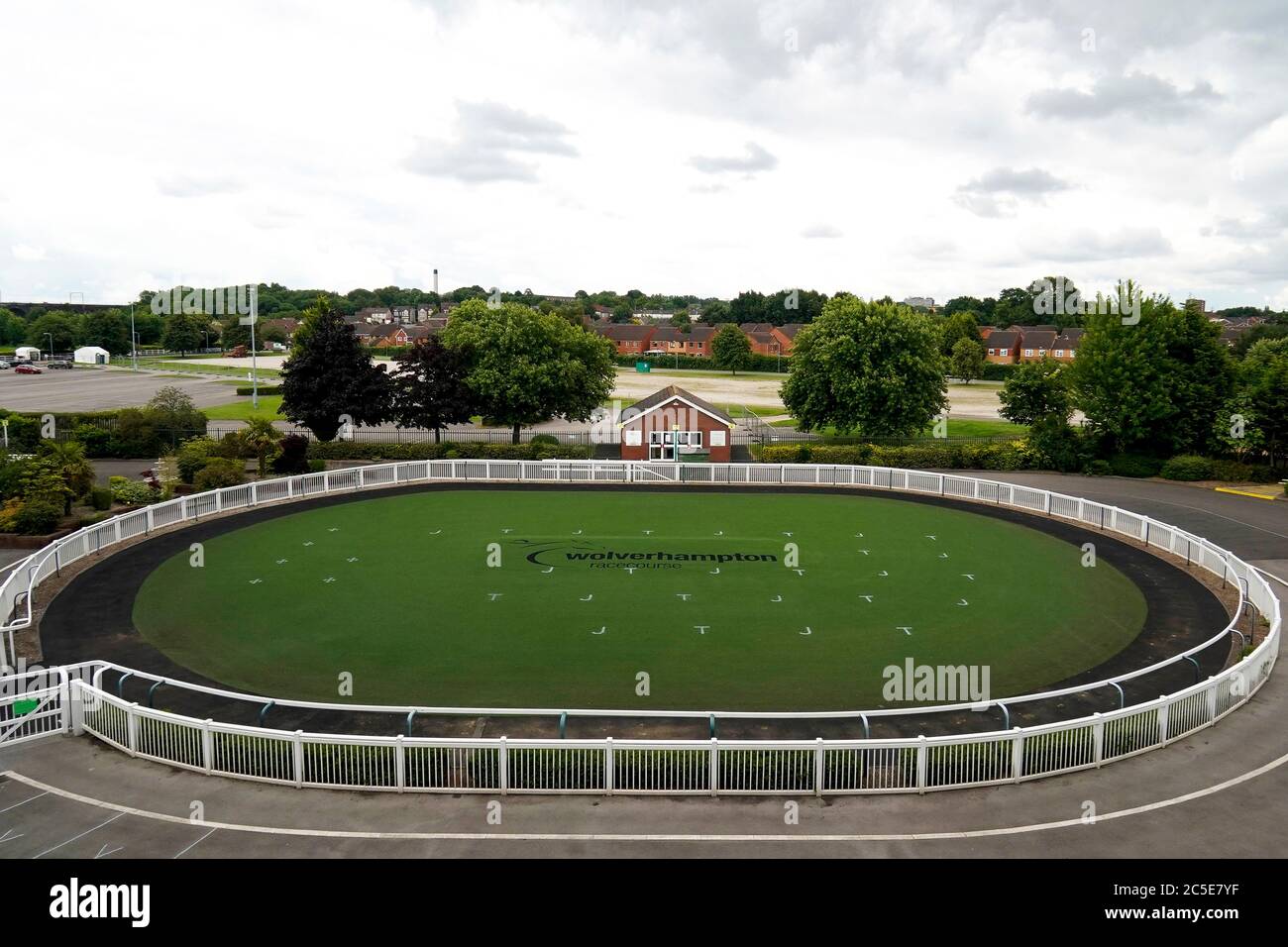 A general view of the parade ring with markings for the trainer and ...