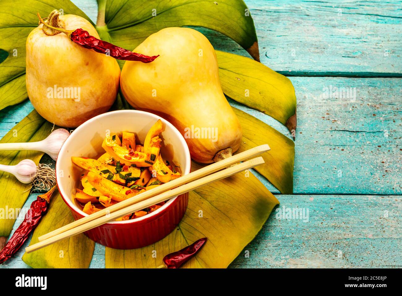 Hobak pumpkin kimchi. Korean traditional savory food. Spicy marinated ...