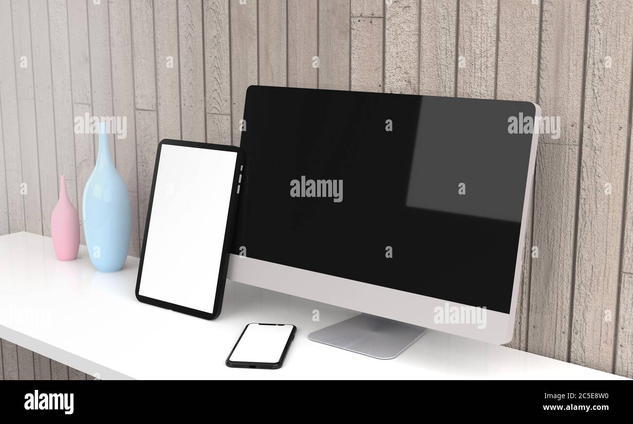 Laptop, desktop computer ,mobile and tablet 3d rendering mockup .3d ...