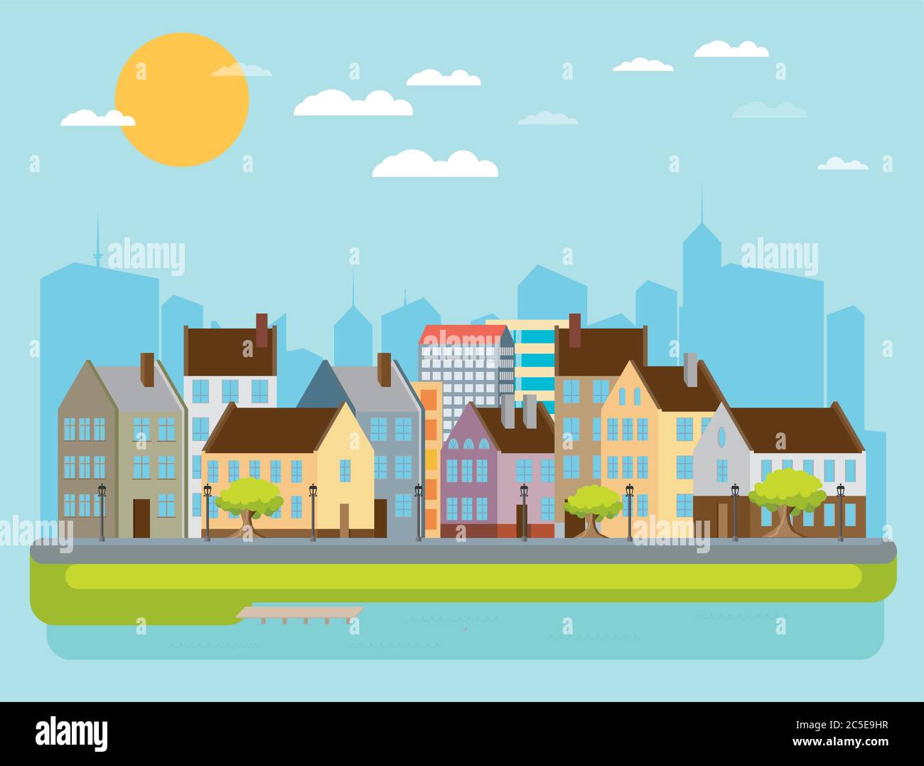 City landscape with sea. Vector illustration Stock Vector Image & Art ...