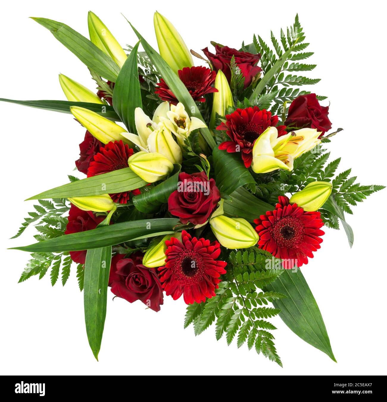 Bouquet of red roses and gerberas isolated on white background Stock ...
