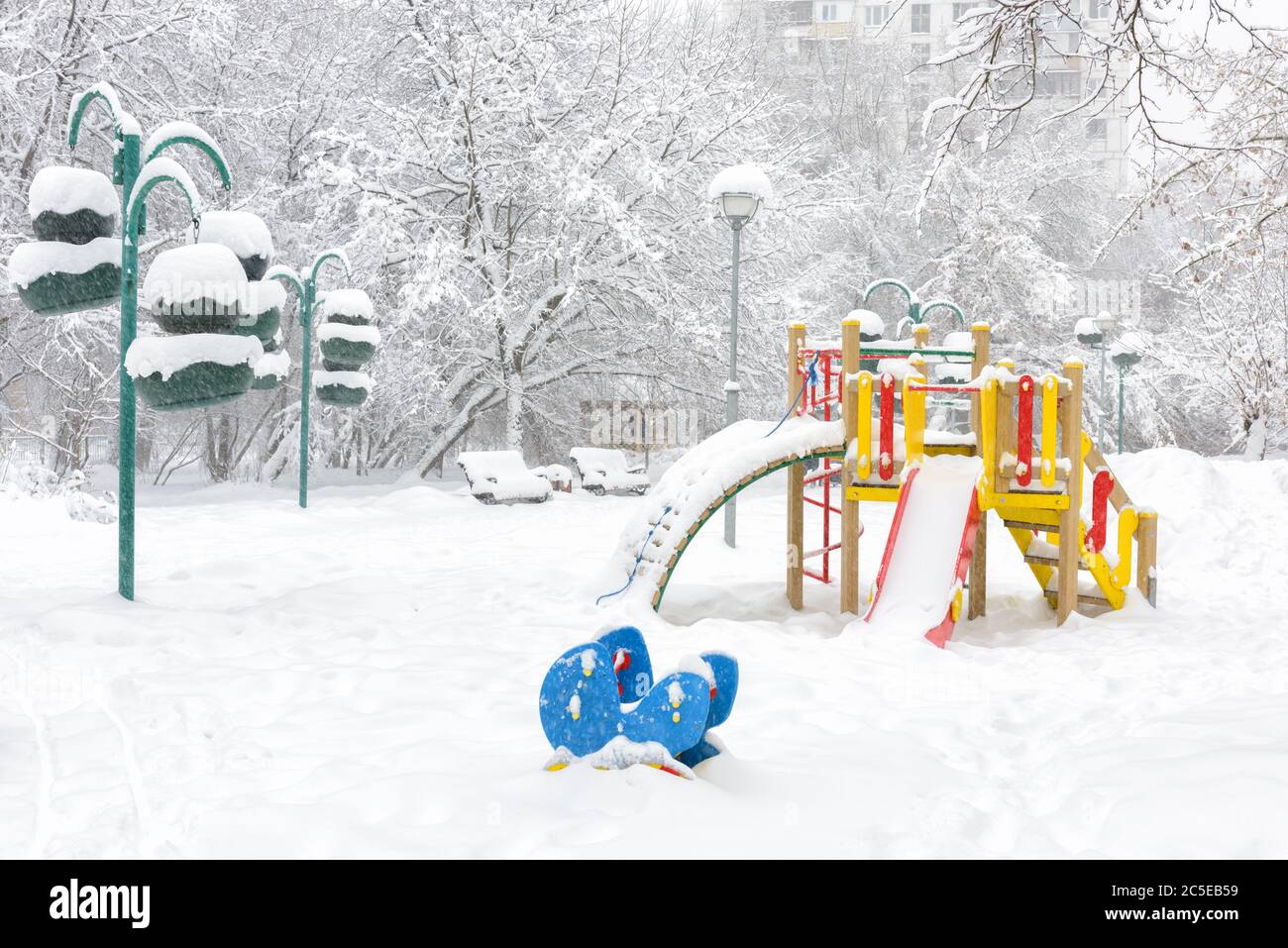 Snowy playground in winter, Moscow, Russia. Empty urban park during ...