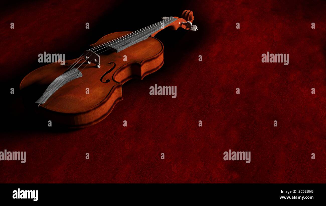 Violin laying on a red velvet surface - 3D rendering illustration Stock ...