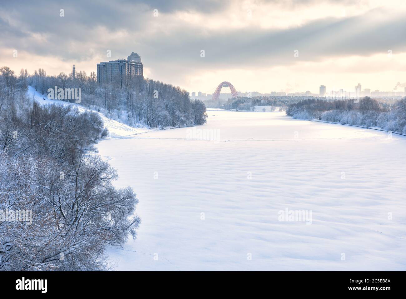 Winter landscape in Moscow, Russia. Scenery of Moskva River covered ice ...