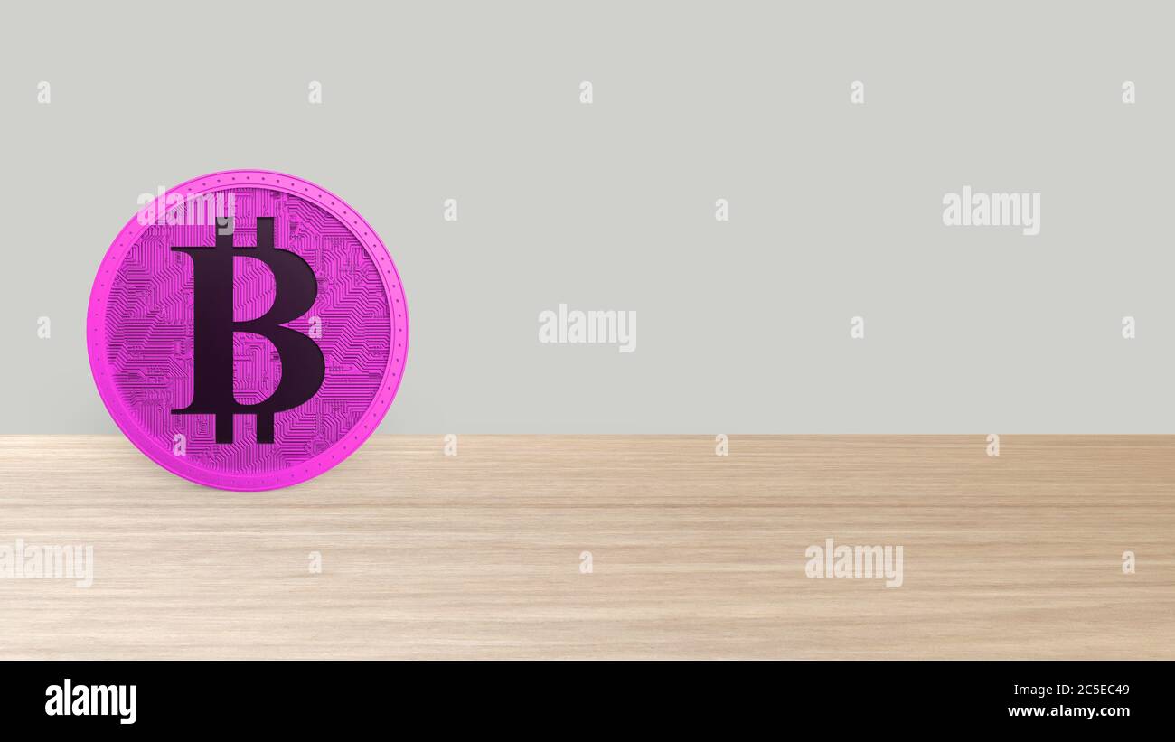 Pink bitcoin gold coin Isolated on wood wooden table. bit-coin 3d ...
