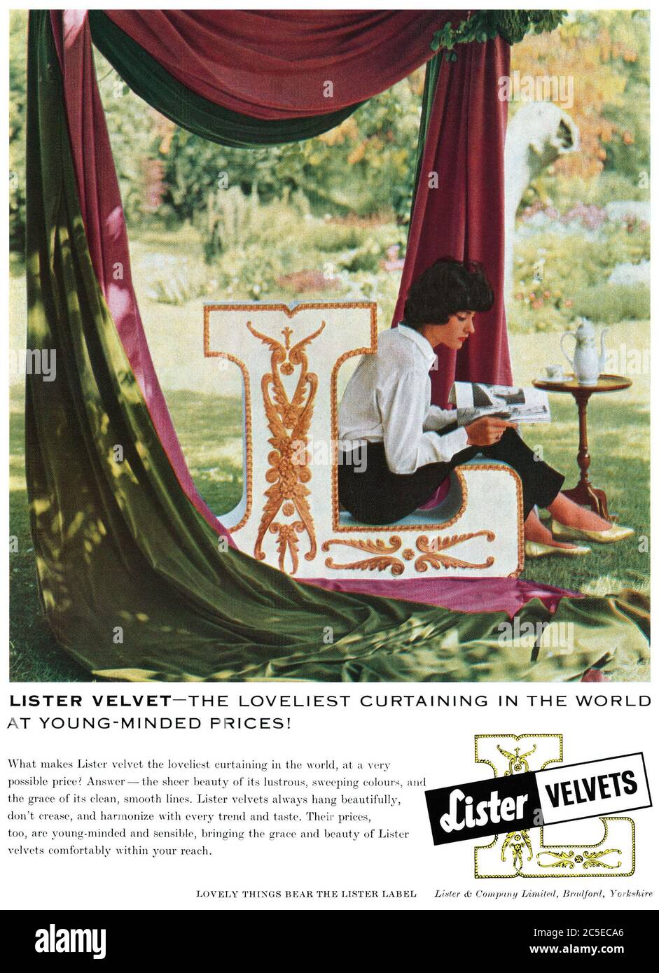 1960 British advertisement for Lister velvet curtain fabric Stock Photo ...