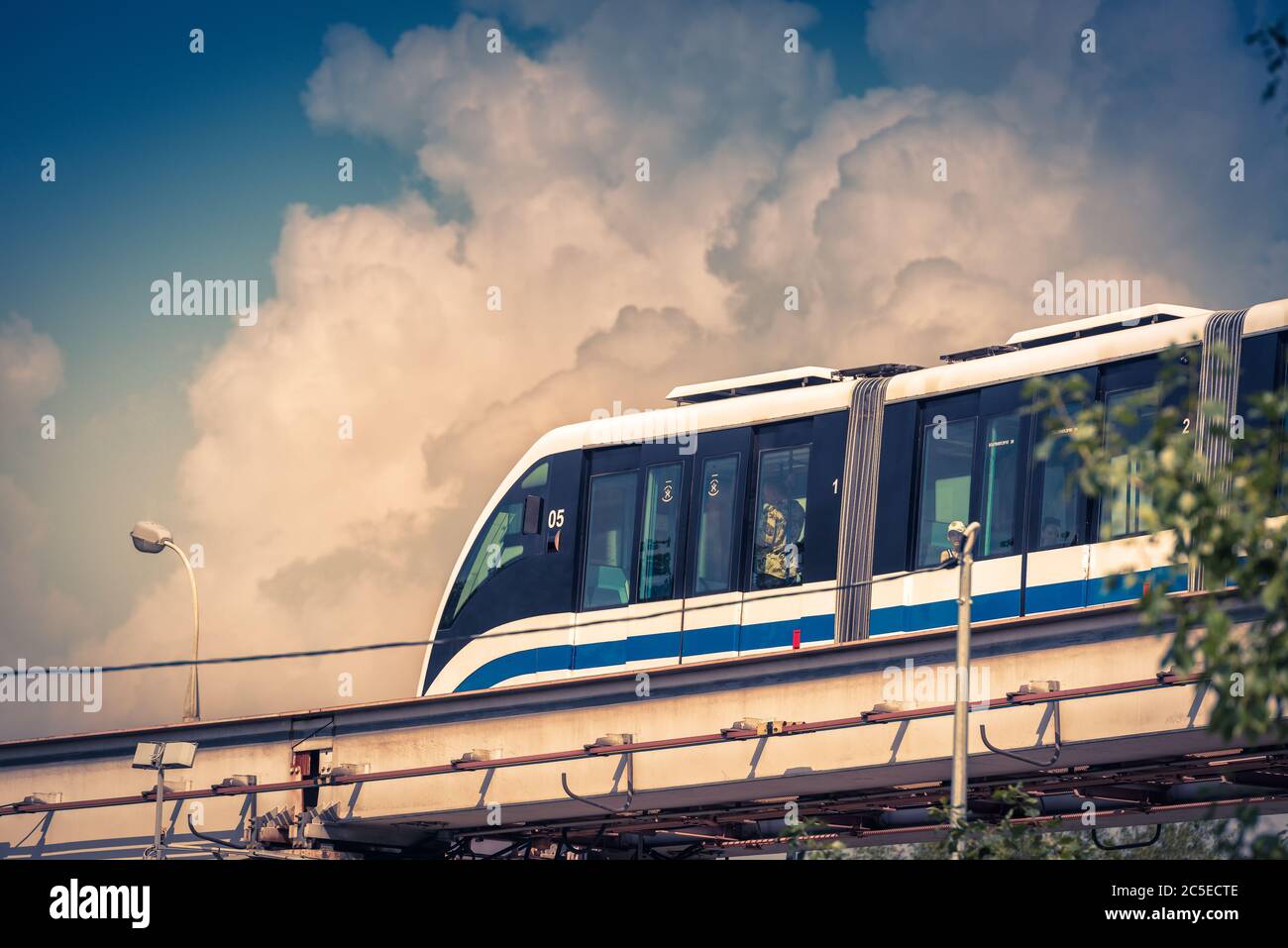 MOSCOW - AUGUST 13, 2016: A monorail train runs in blue sky Stock Photo ...