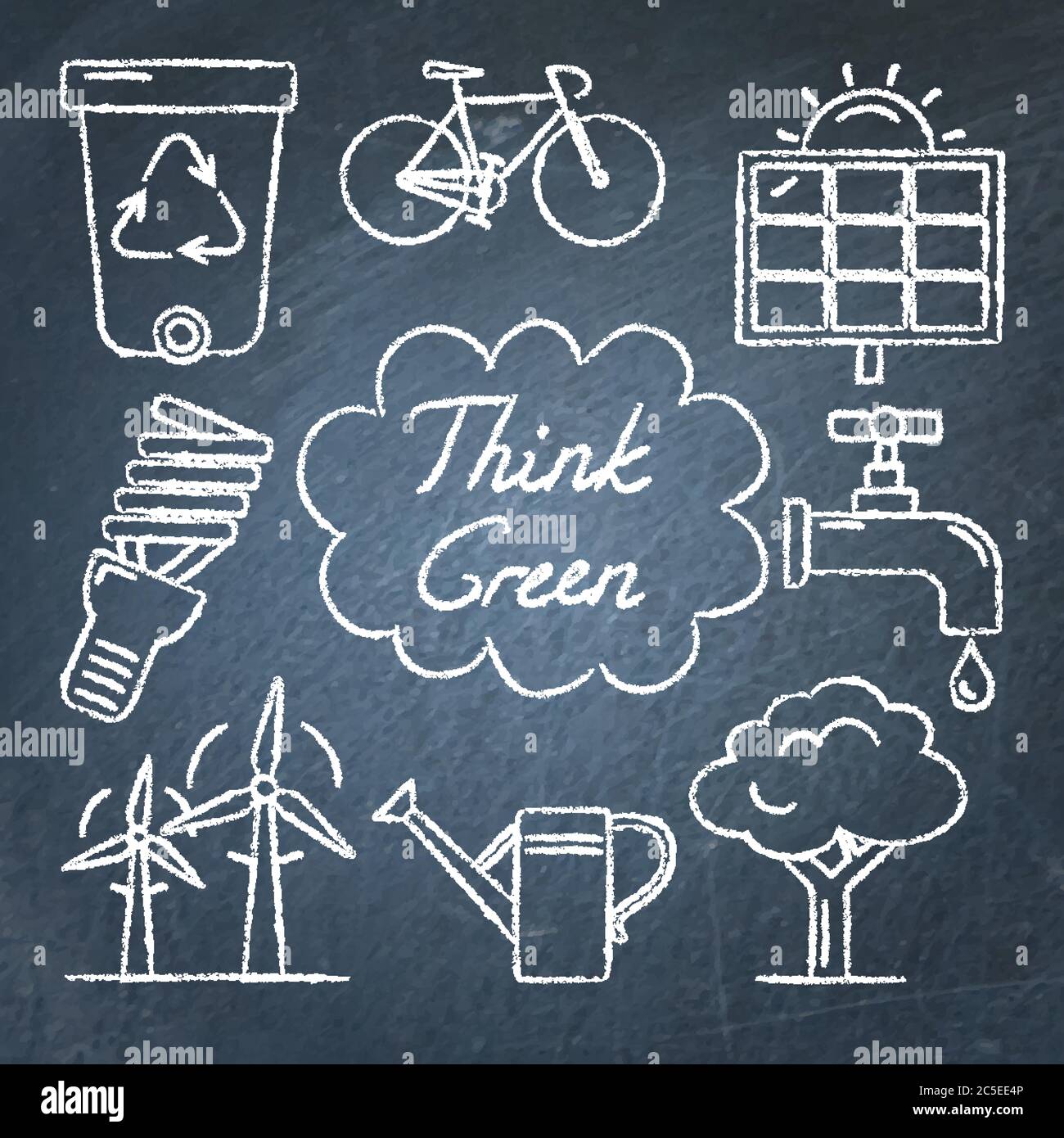 Collection of ecology icons on chalkboard. Think green lettering ...