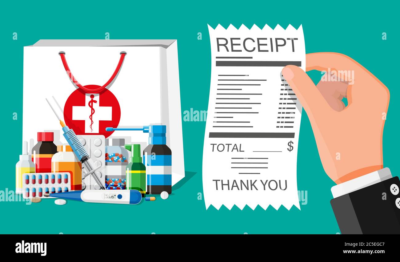 Medicine collection in bag, hand with receipt. Set of bottles, tablets ...