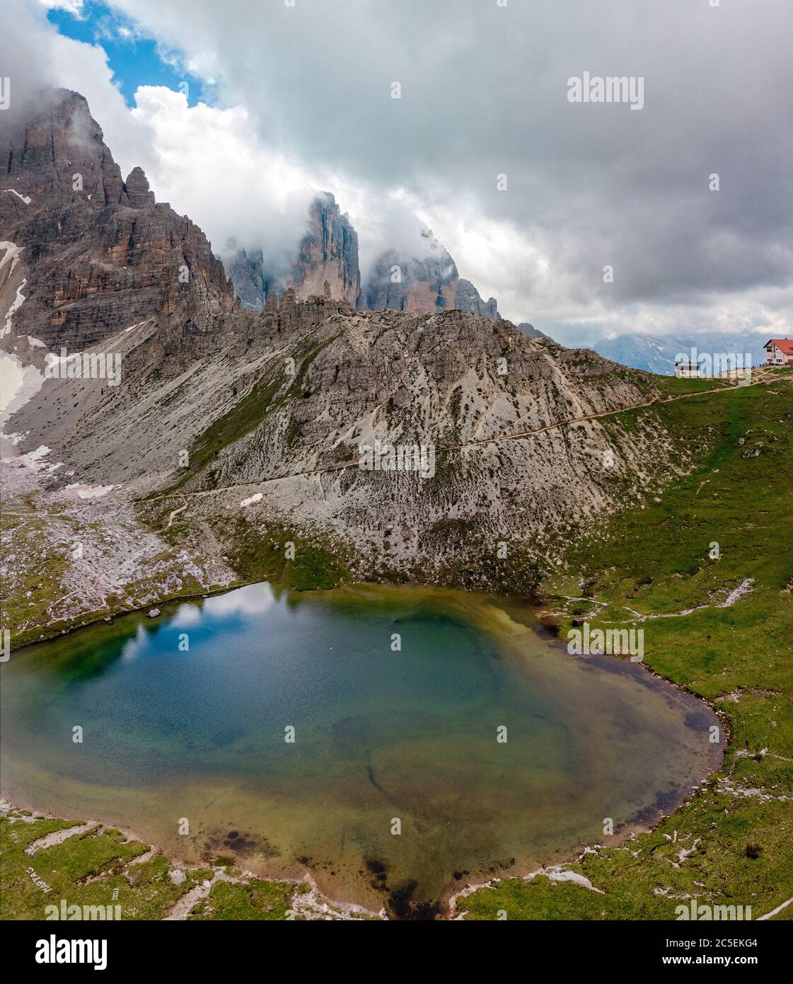 Aerial view of the Antonio Locatelli hut is a refuge in Alto Adige ...