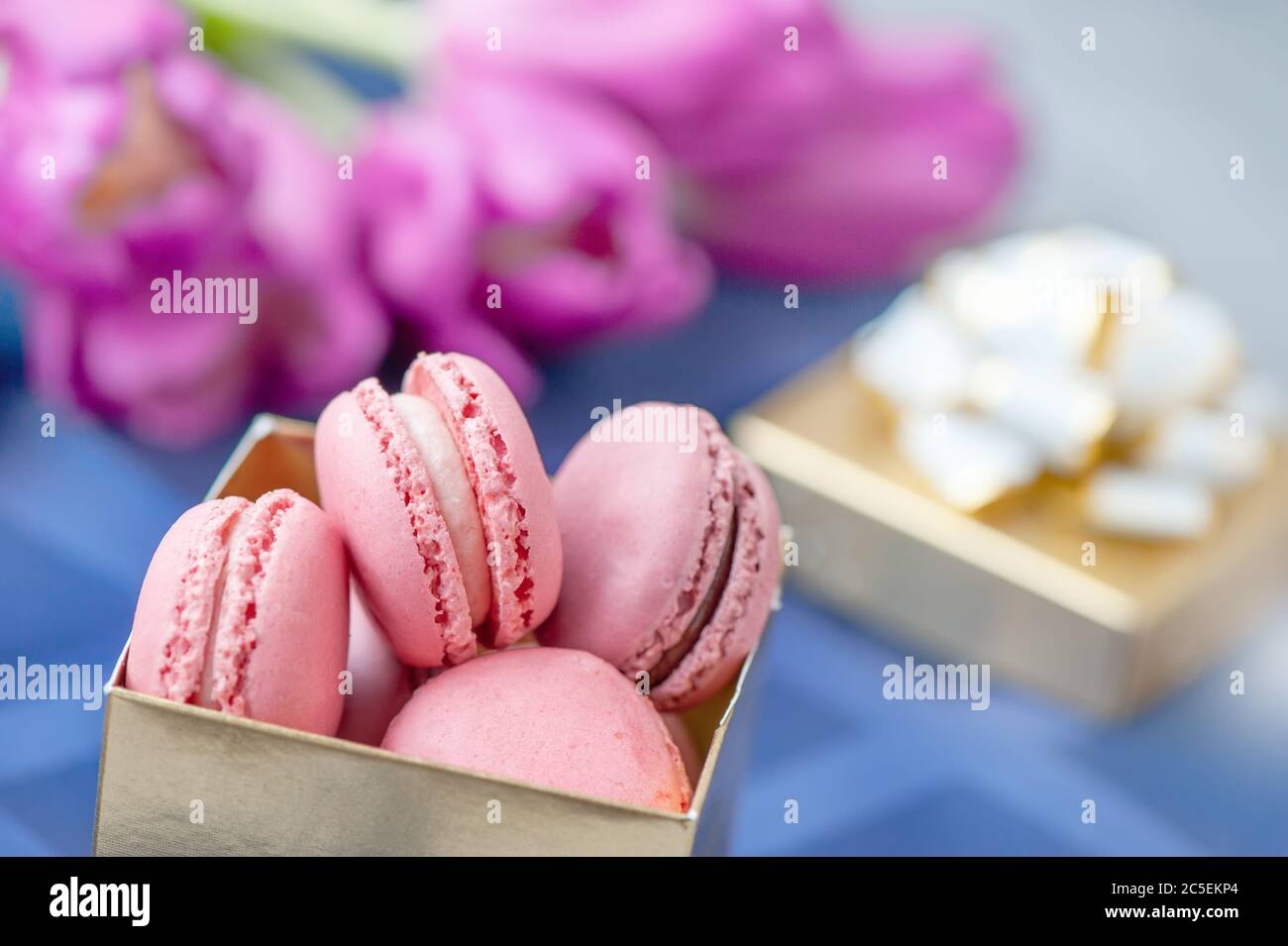 traditional French colored almonds lie in rows in a gift box on the ...